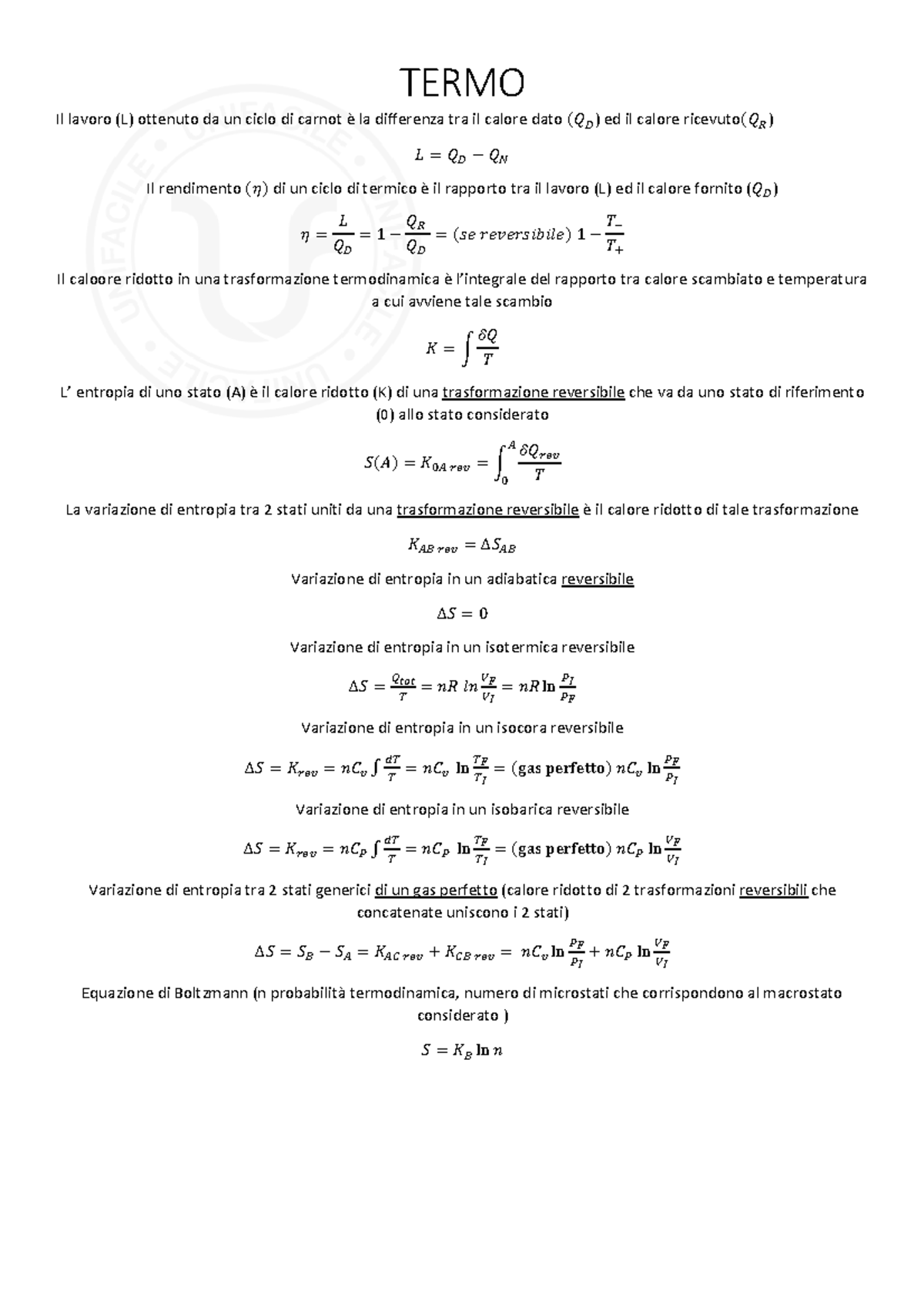 Formulario fisica 2 Albertini - Warning: TT: undefined function: 32 TERMO Il lavoro (L) ottenuto ...