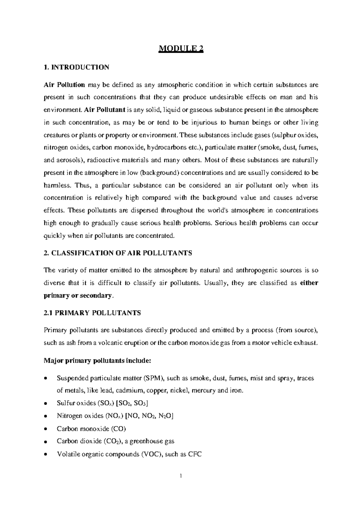 Module 2 Part 1 - MODULE 2 1. INTRODUCTION Air Pollution may be defined as any atmospheric ...