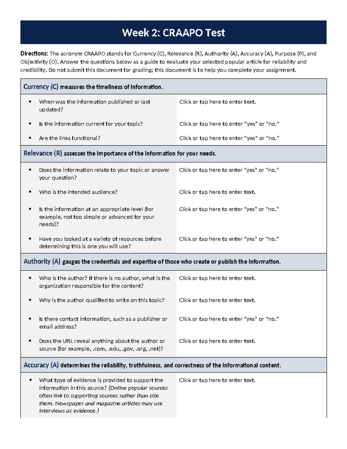 Craapo Test - This is GEN 103 coursework - Directions: The acronym ...