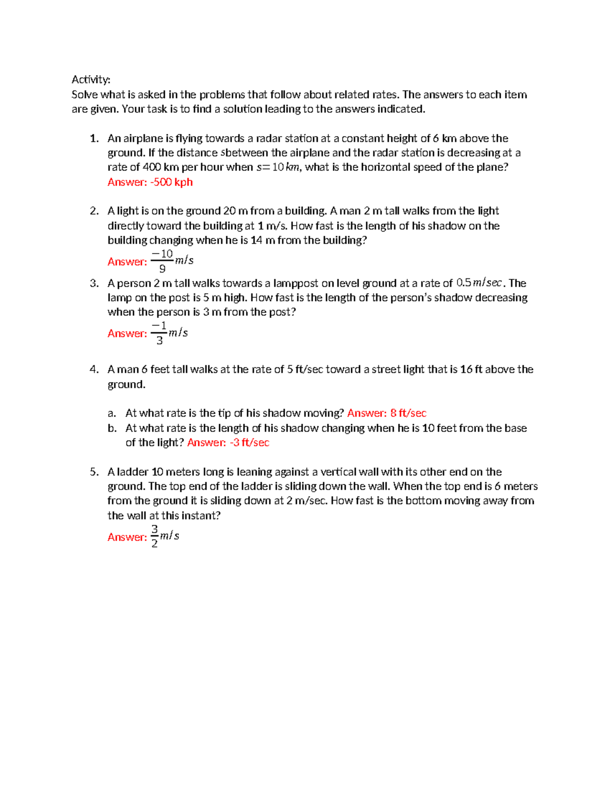 Related Rates Problem Set - Activity: Solve what is asked in the ...