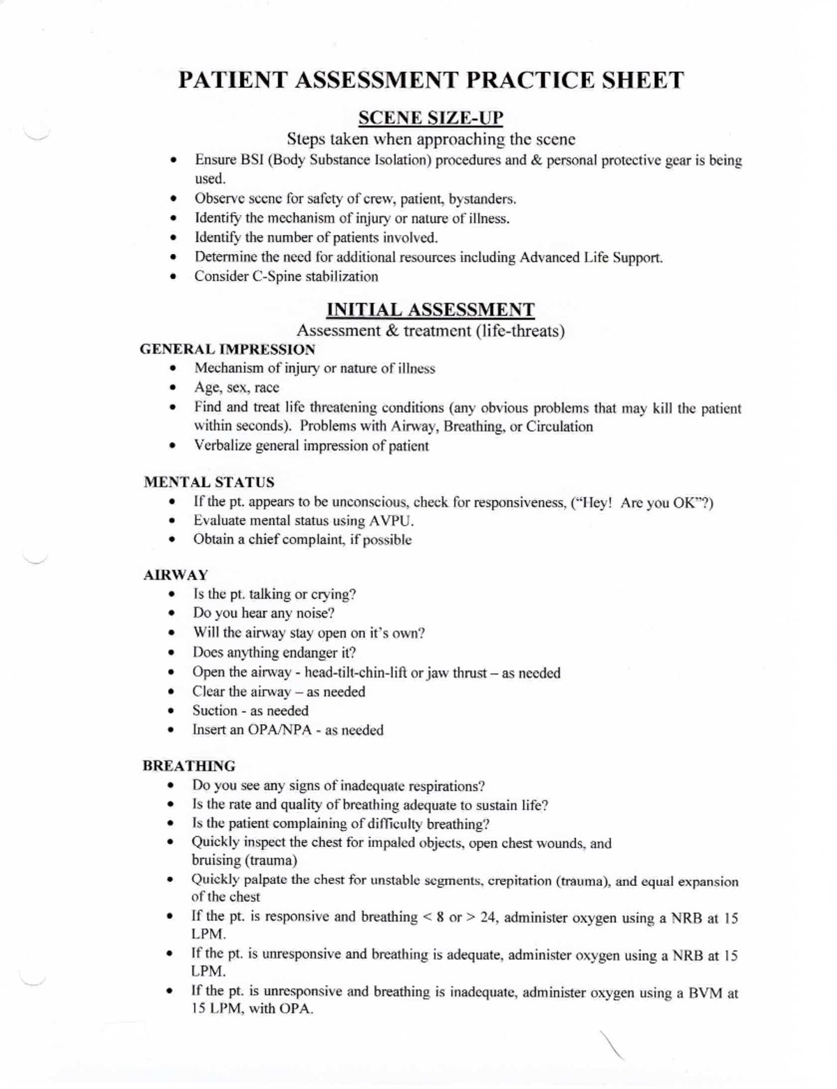 Patient Assessment Practice Sheet: EMT Training Guide - PATIENT ...