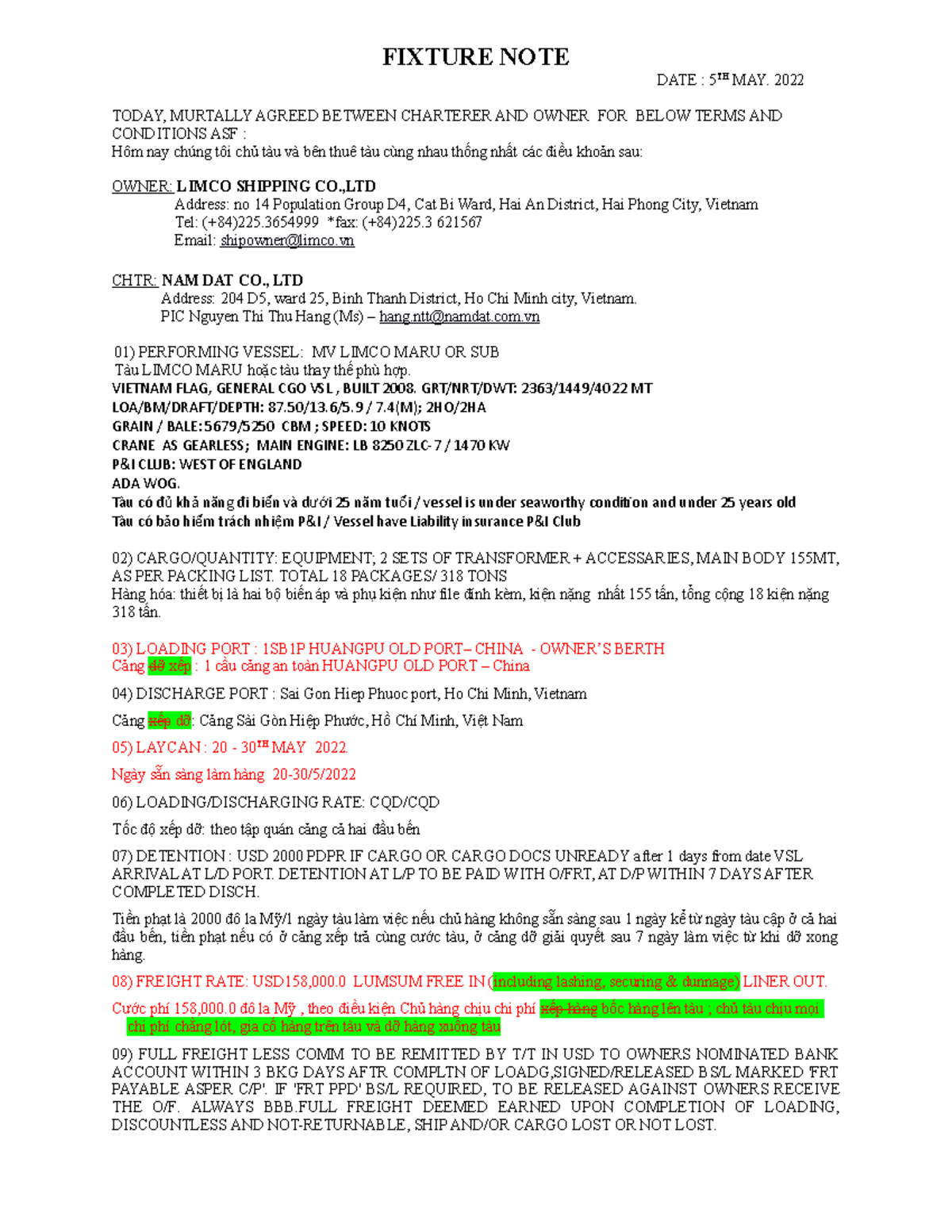 Limco MARU FN Huangpu- HCM - FIXTURE NOTE DATE : 5TH MAY. 2022 TODAY ...