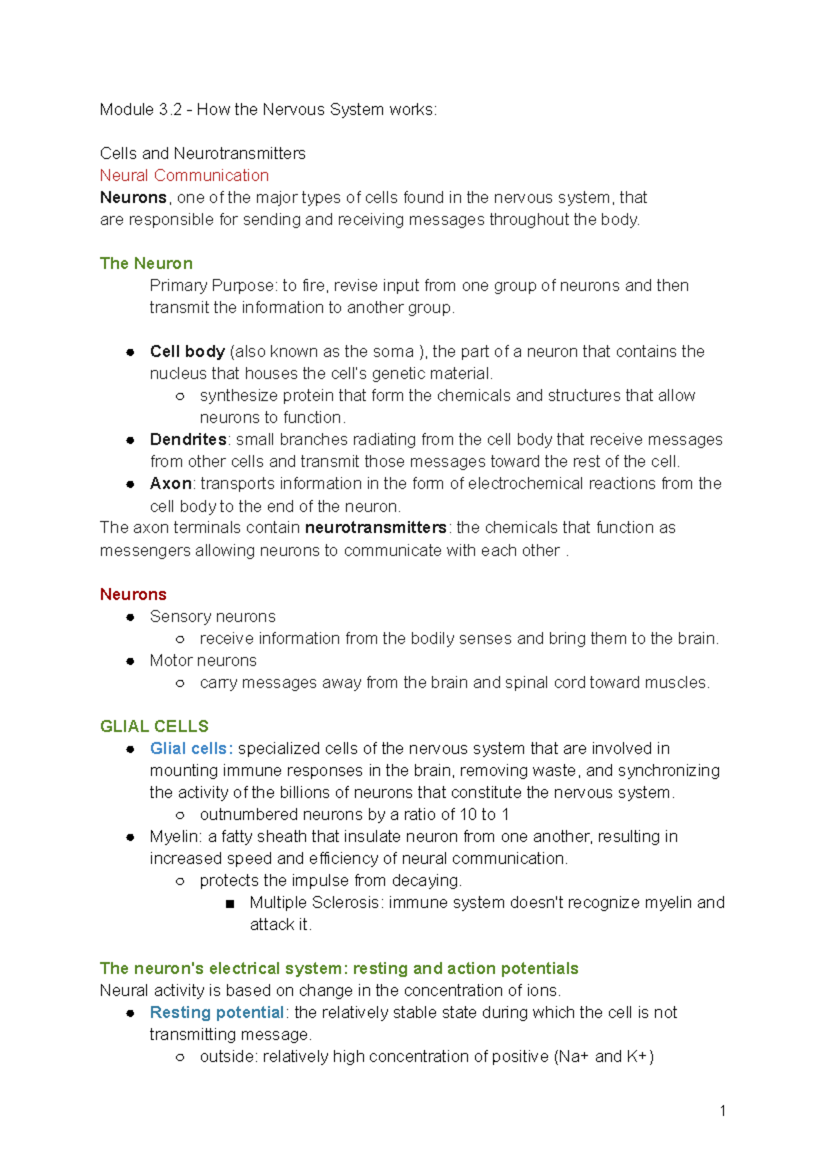 PSY100H1 UTSG Reading Notes Module 3.2 - How the Nervous System works ...