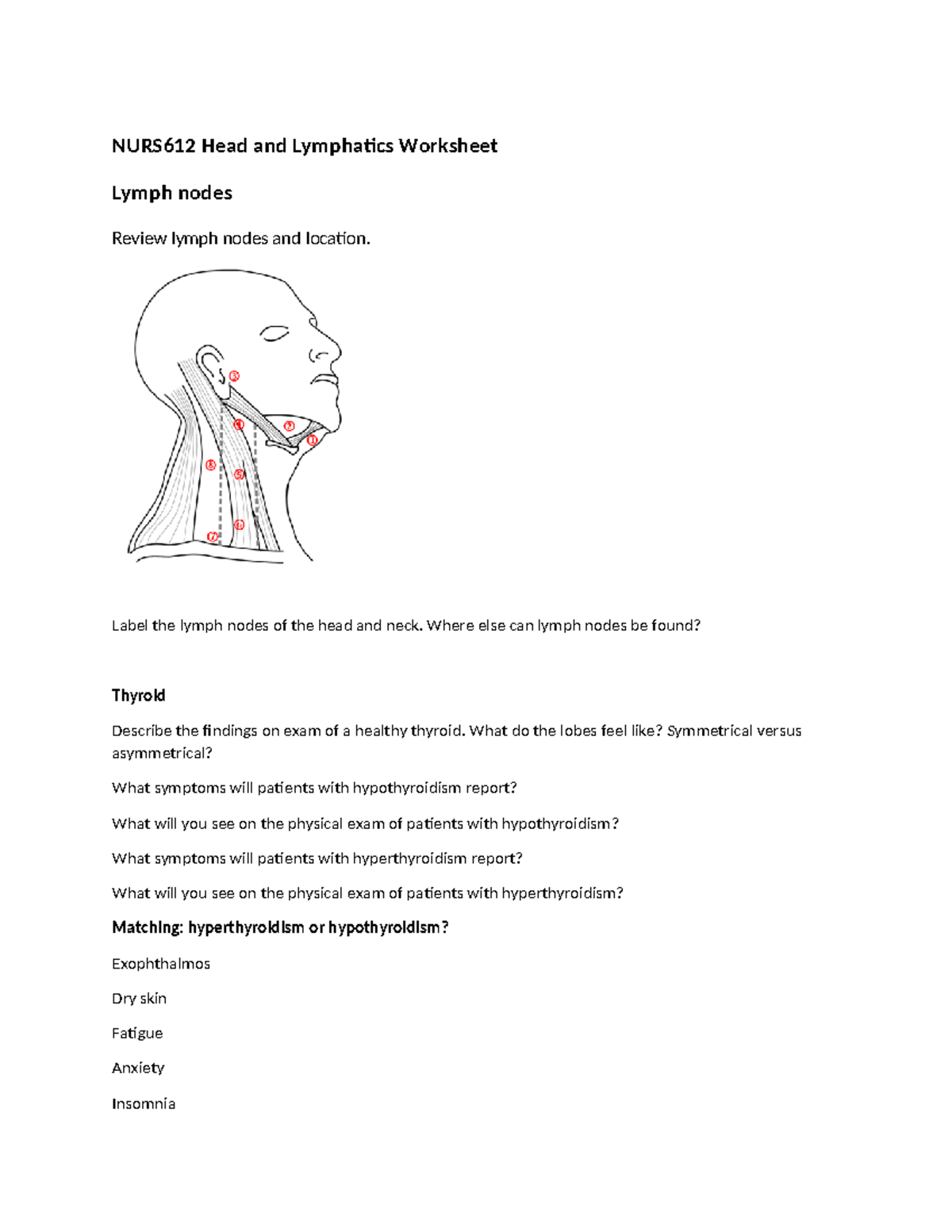 NURS612 Head and Lymphatics Worksheet - Label the lymph nodes of the ...