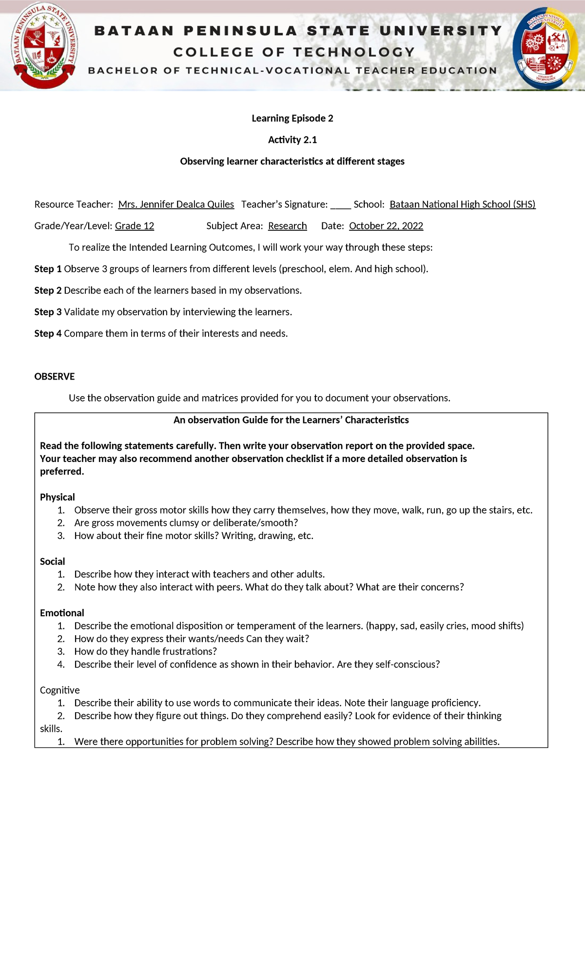 Learning Episode 2 FS1 - Field study 1Hospitalu - Learning Episode 2 ...