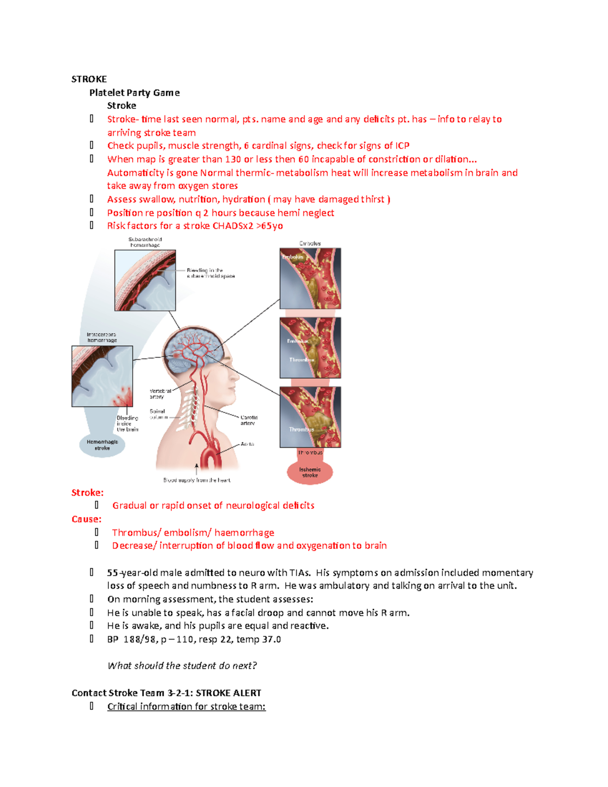 Unit 7 Stroke Platelet Party Game student answers and case study ...