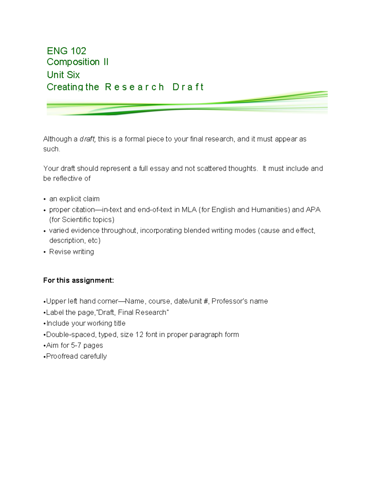 Unit 6 Full assignment - N/A - ENG 102 Composition II Unit Six Creating the R e s e a r c h D r ...