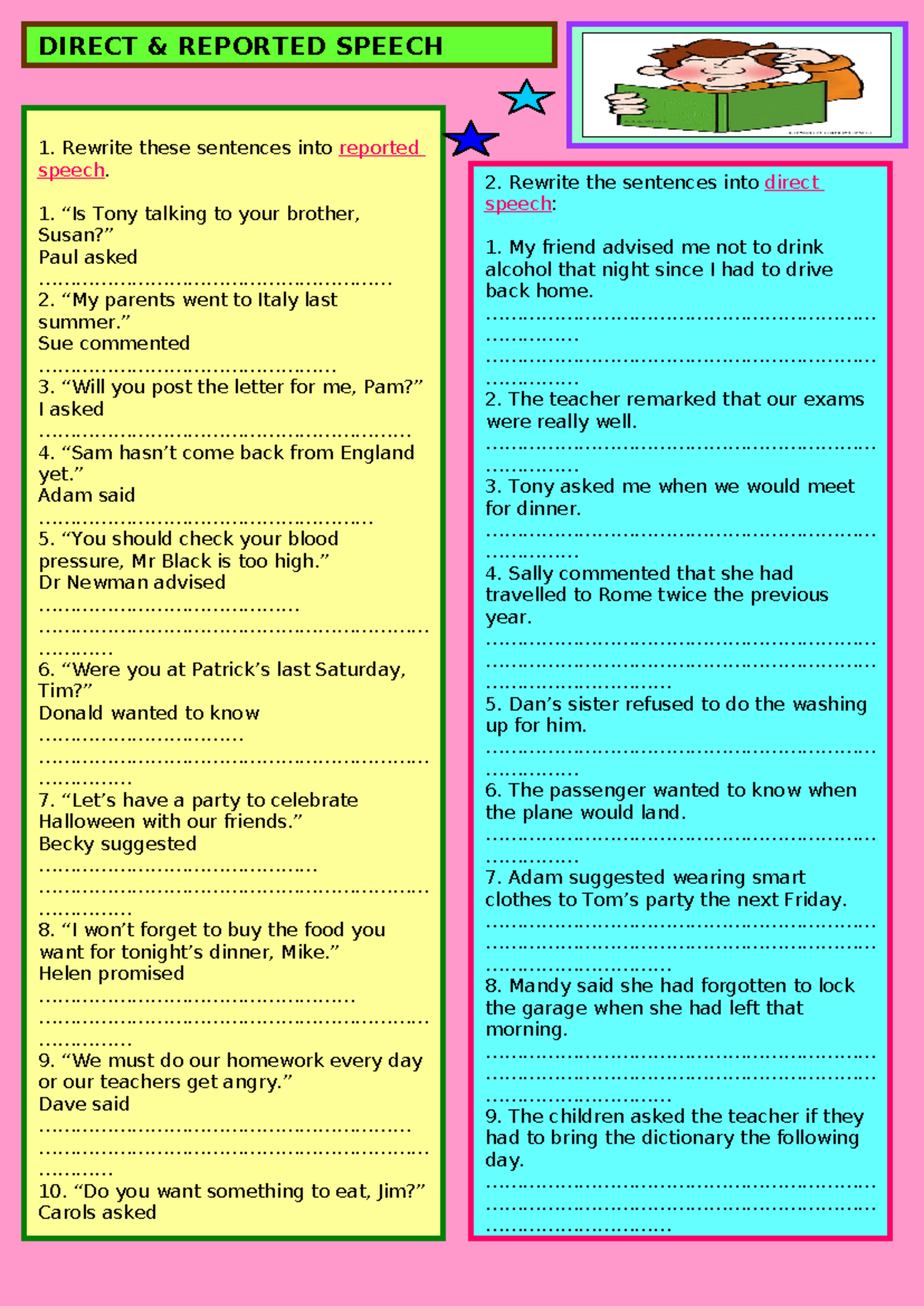 Direct-reported-speech-rephrasing 22464 - DIRECT & REPORTED SPEECH Rewrite these sentences into ...