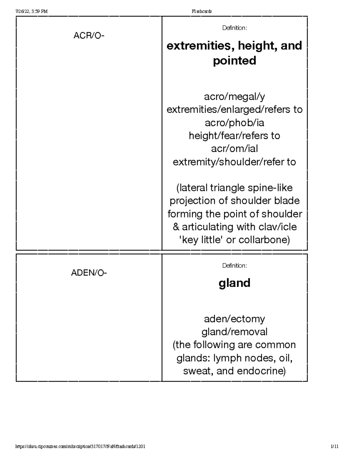 Flashcards Pt. 13 - ACR/O- Definition: extremities, height, and pointed ...
