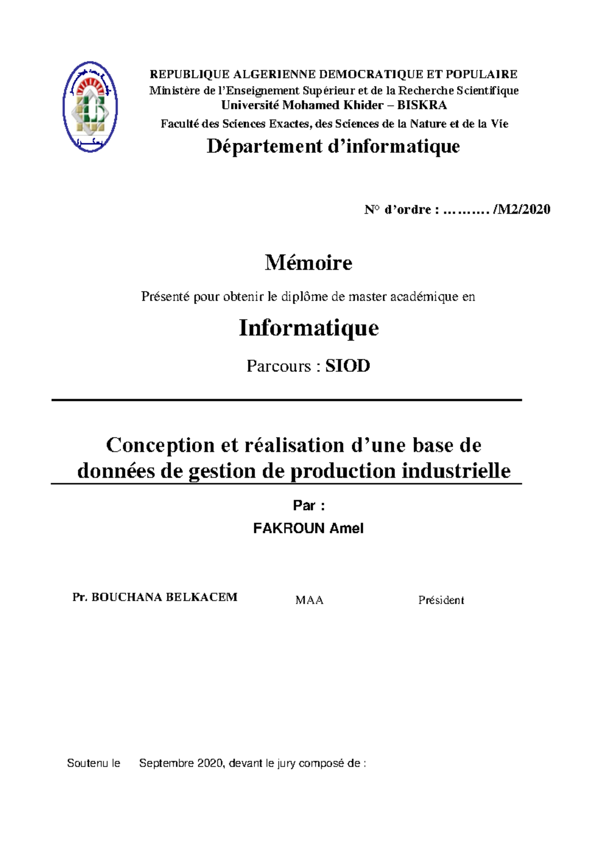 Fakroun amel - no description - REPUBLIQUE ALGERIENNE DEMOCRATIQUE ET ...