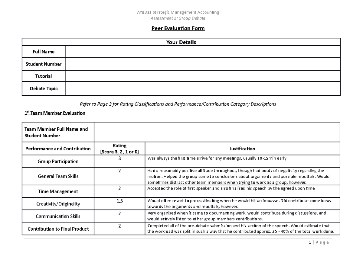 Peer Evaluation Stu Docu - AYB321 Strategic Management Accounting ...