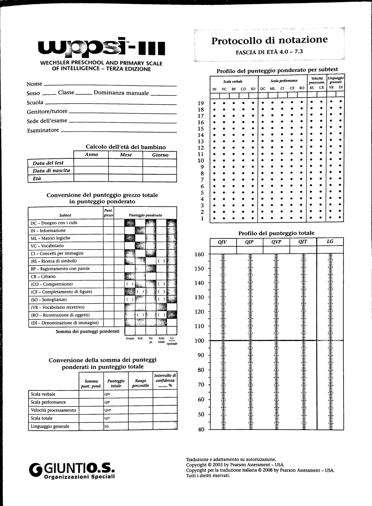 Wppsi-III - WPPSI cognitivo - Test di Personalità - Studocu