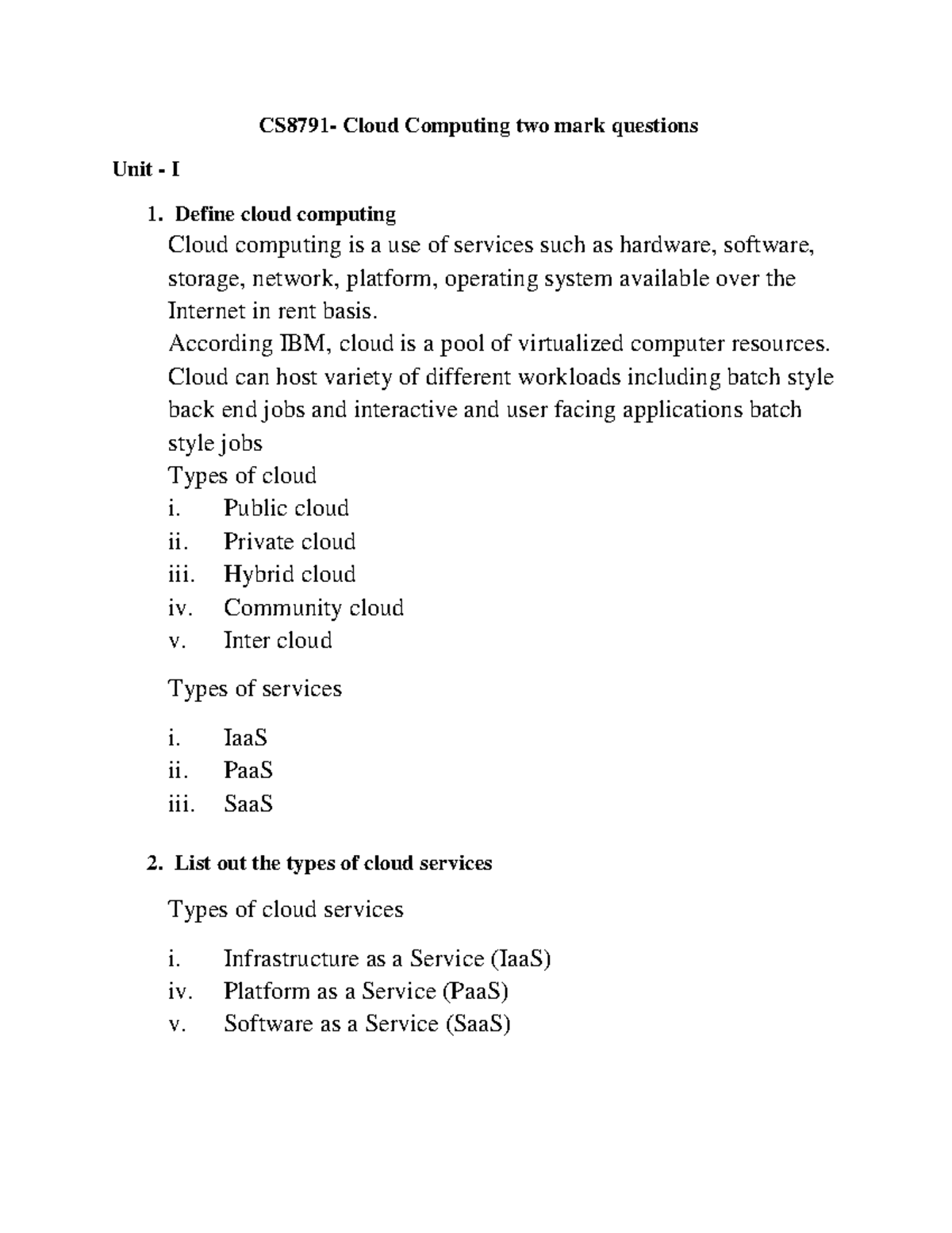 Cloud 2 mark questions and answers - CS8791- Cloud Computing two mark questions Unit - I Define ...