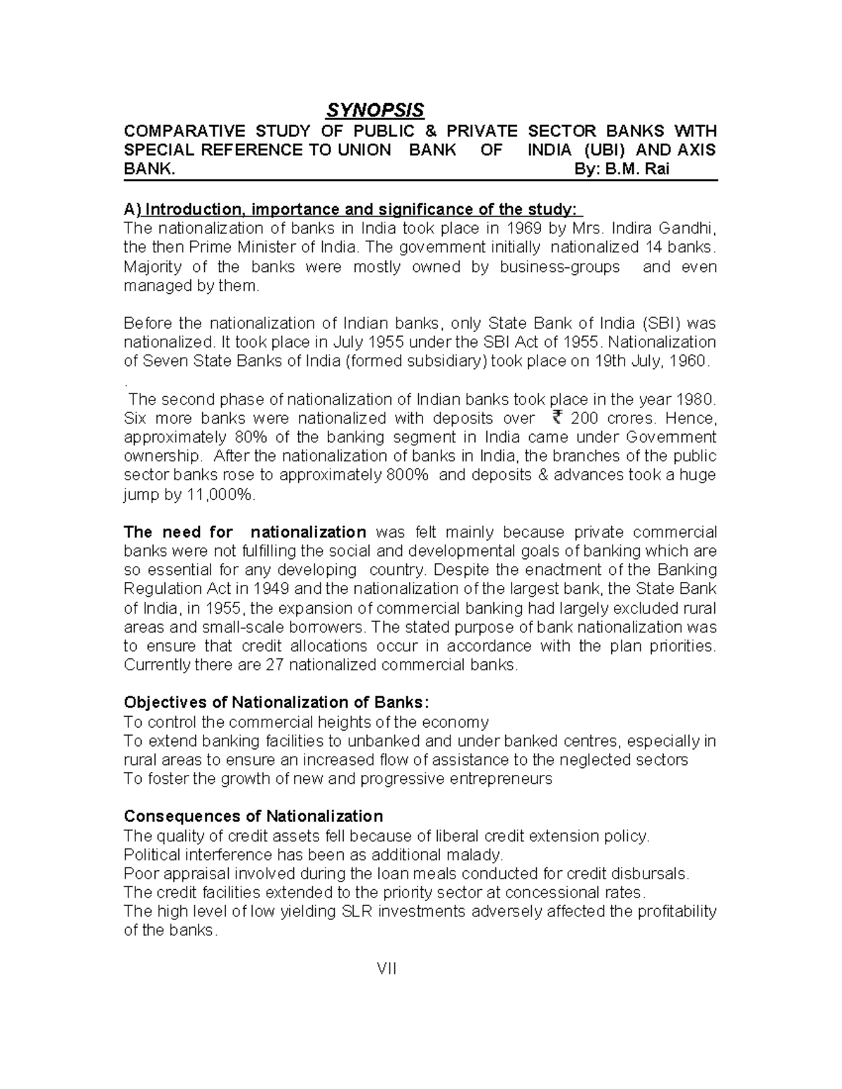 Project Synopsis - SYNOPSIS COMPARATIVE STUDY OF PUBLIC & PRIVATE ...