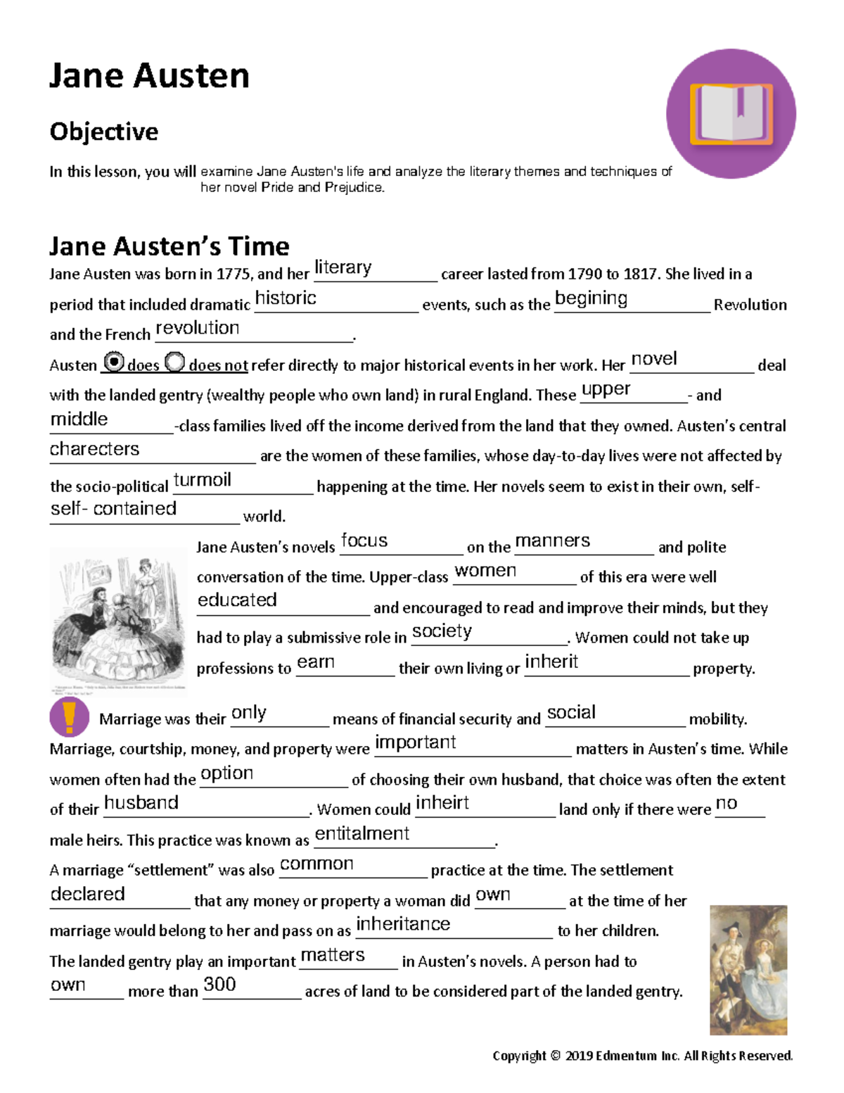 Jane Austen - assignments - Jane Austen Objective In this lesson, you ...