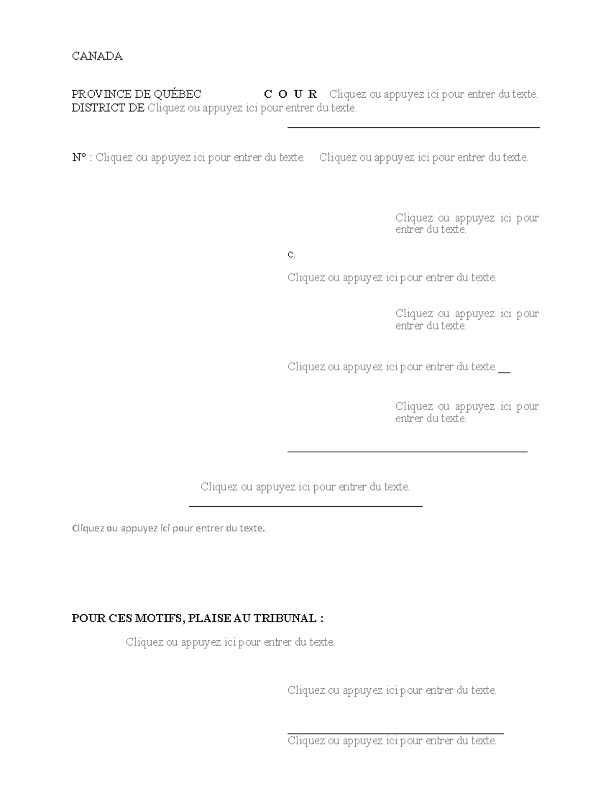Modèle Rédaction - CANADA PROVINCE DE QUÉBEC C O U R Cliquez ou appuyez ...
