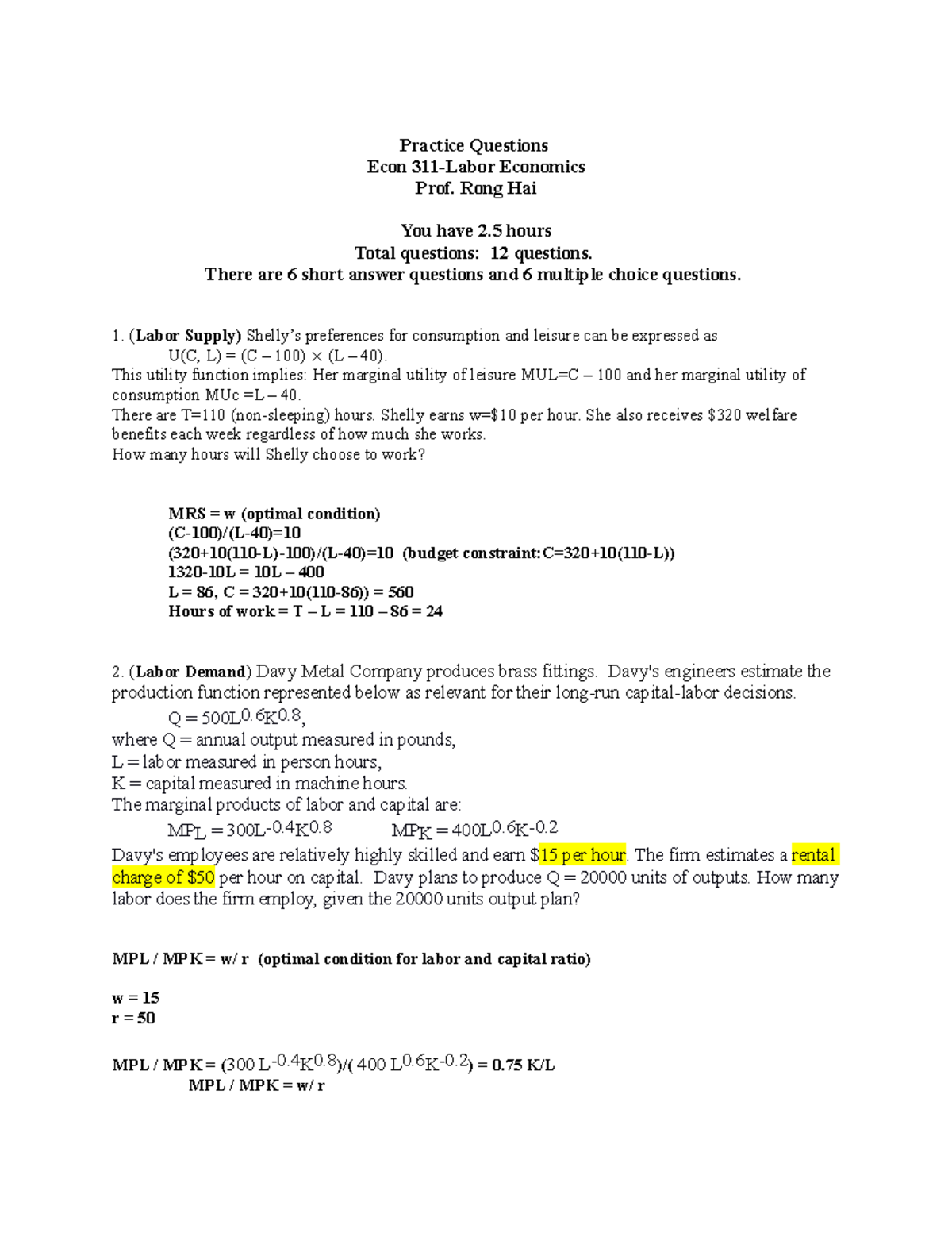 Final Review - Practice Questions Econ 311-Labor Economics Prof. Rong ...