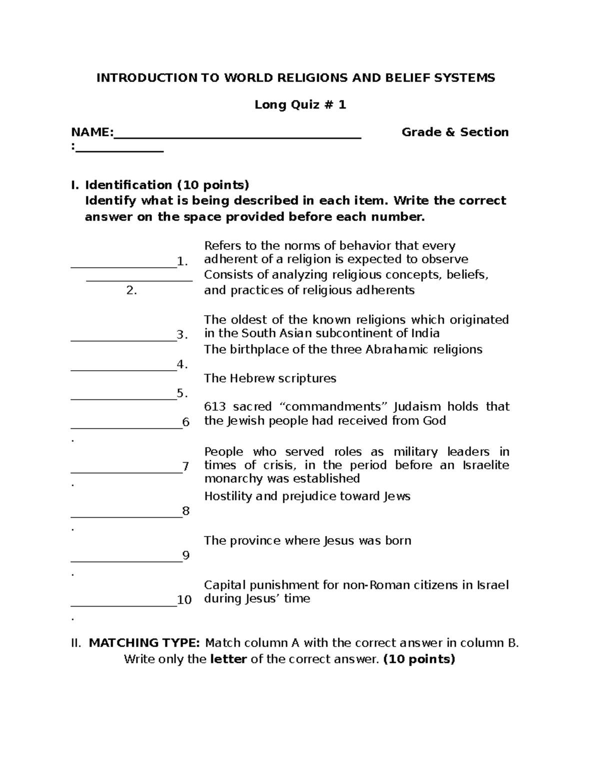 REL - exams with answers - INTRODUCTION TO WORLD RELIGIONS AND BELIEF ...