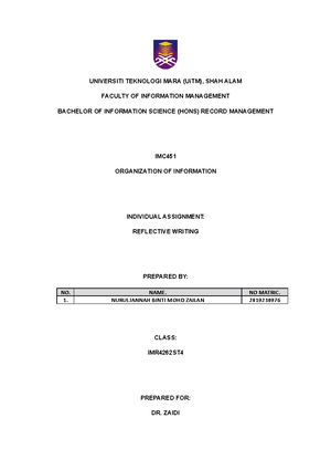 IMC451 Individual Assignment Reflective Writing - SCHOOL OF INFORMATION ...