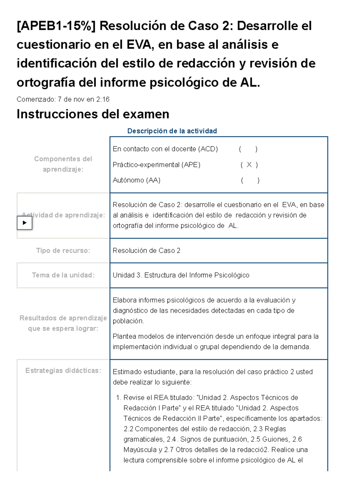 Examen [APEB 1-15%] Resolución de Caso 2 Desarrolle el cuestionario en ...