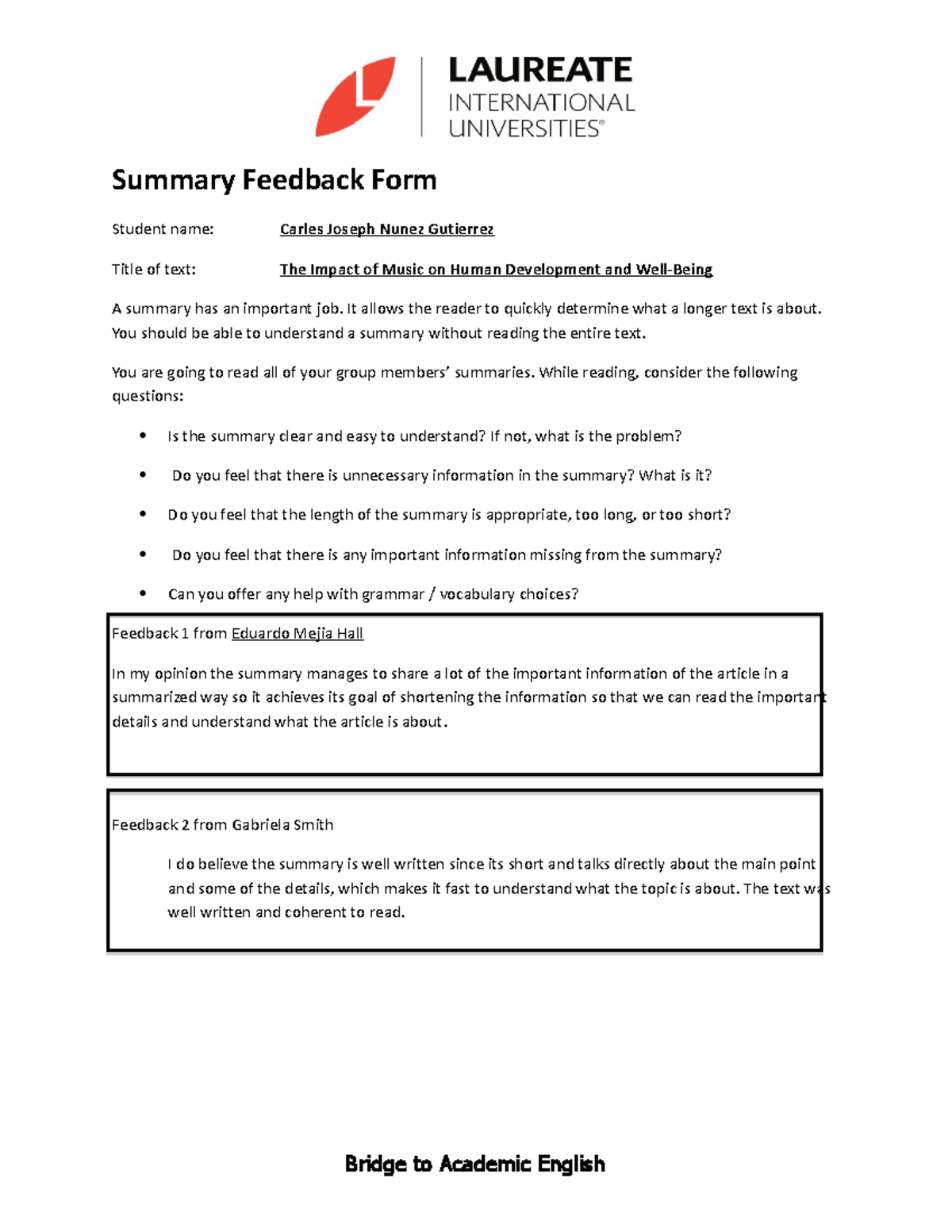 Summary Feedback Form - Tarea - Summary Feedback Form Student name ...