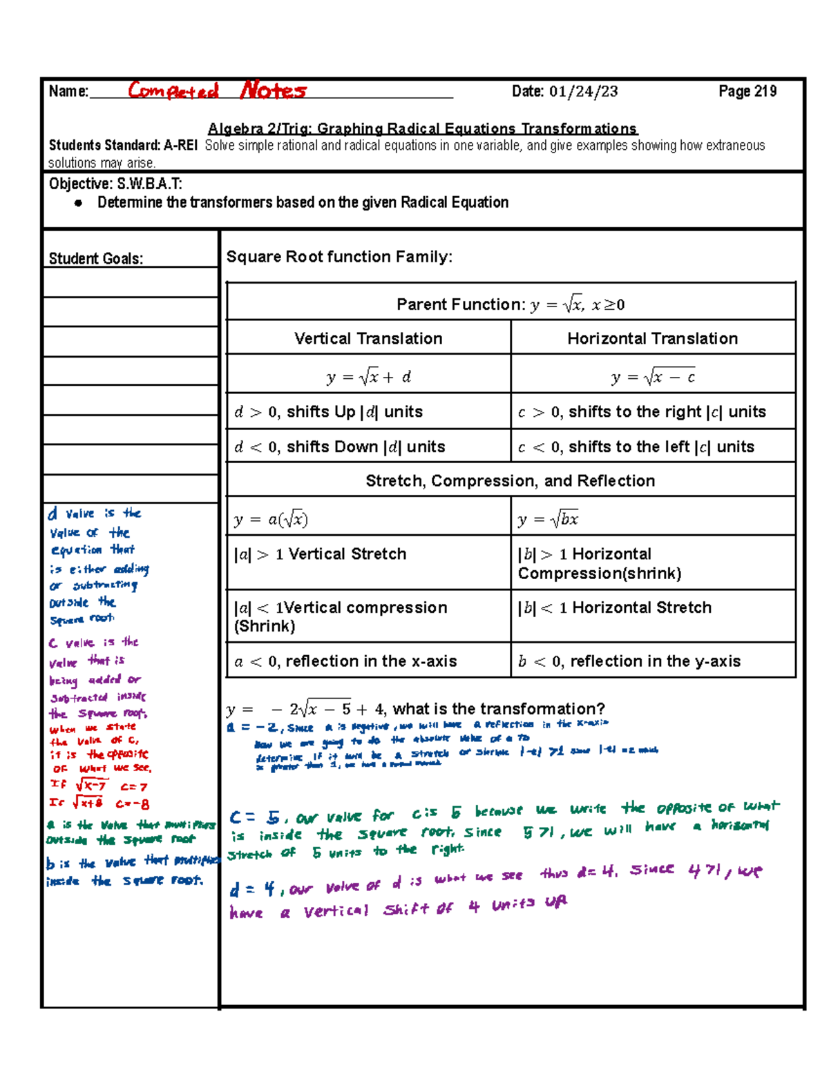 Completed Notes Algebra 2 Trig Graphing Radical Equations ...