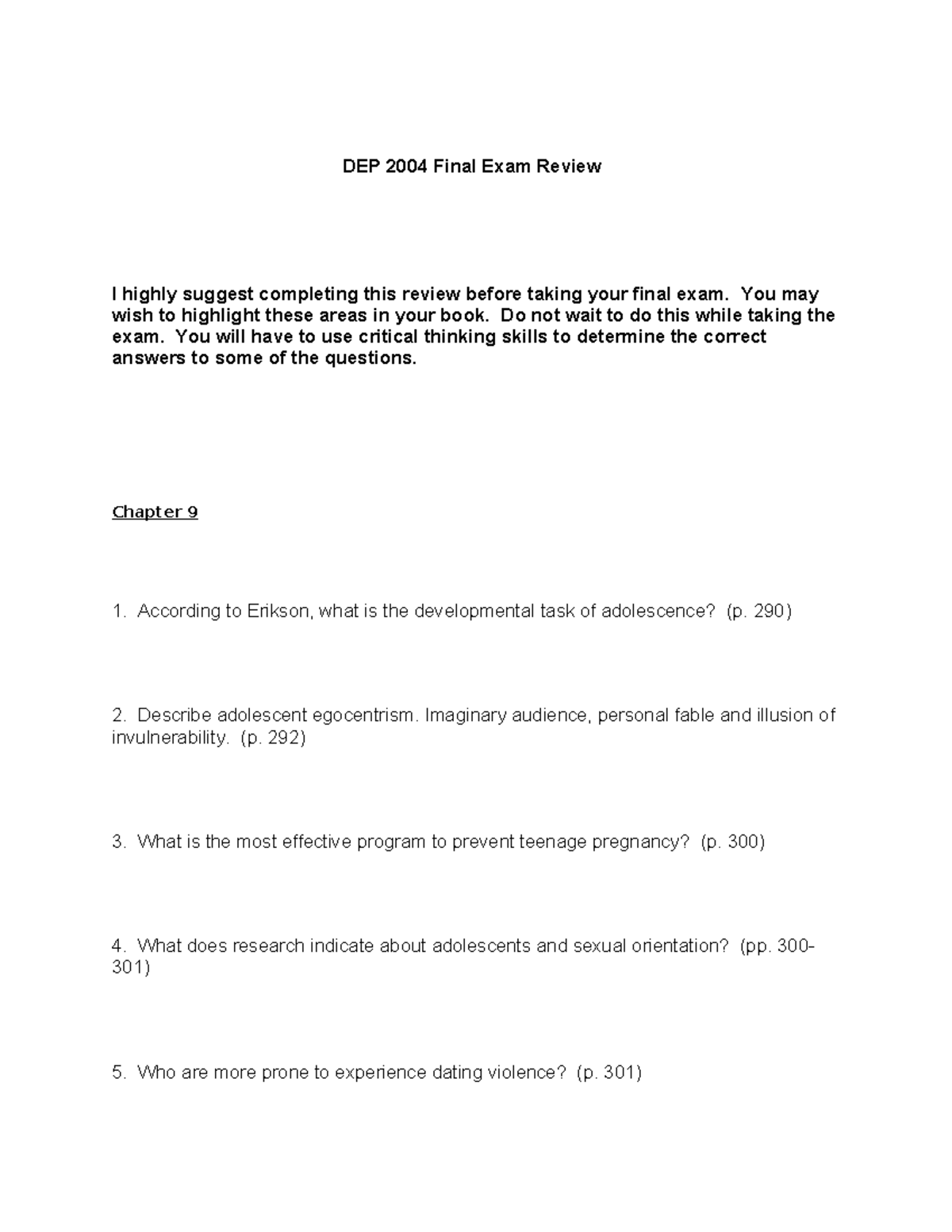 NURSING DISCUSSION POST - DEP 2004 Final Exam Review I highly suggest ...