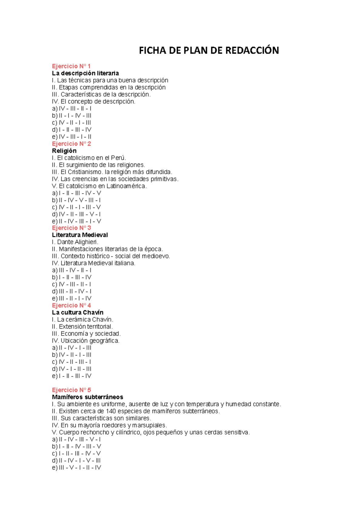 Ficha DE PLAN DE Redacción 6to - FICHA DE PLAN DE REDACCIÓN Ejercicio Nº 1 La descripción ...