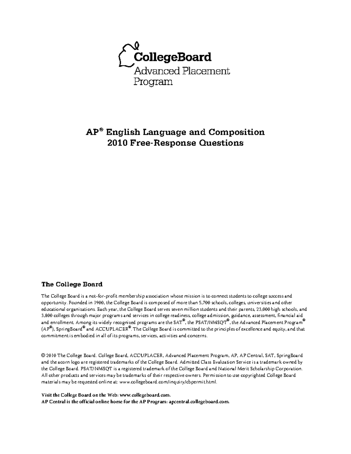Ap10 frq eng lang Banneker - AP ® English Language and Composition 2010 ...