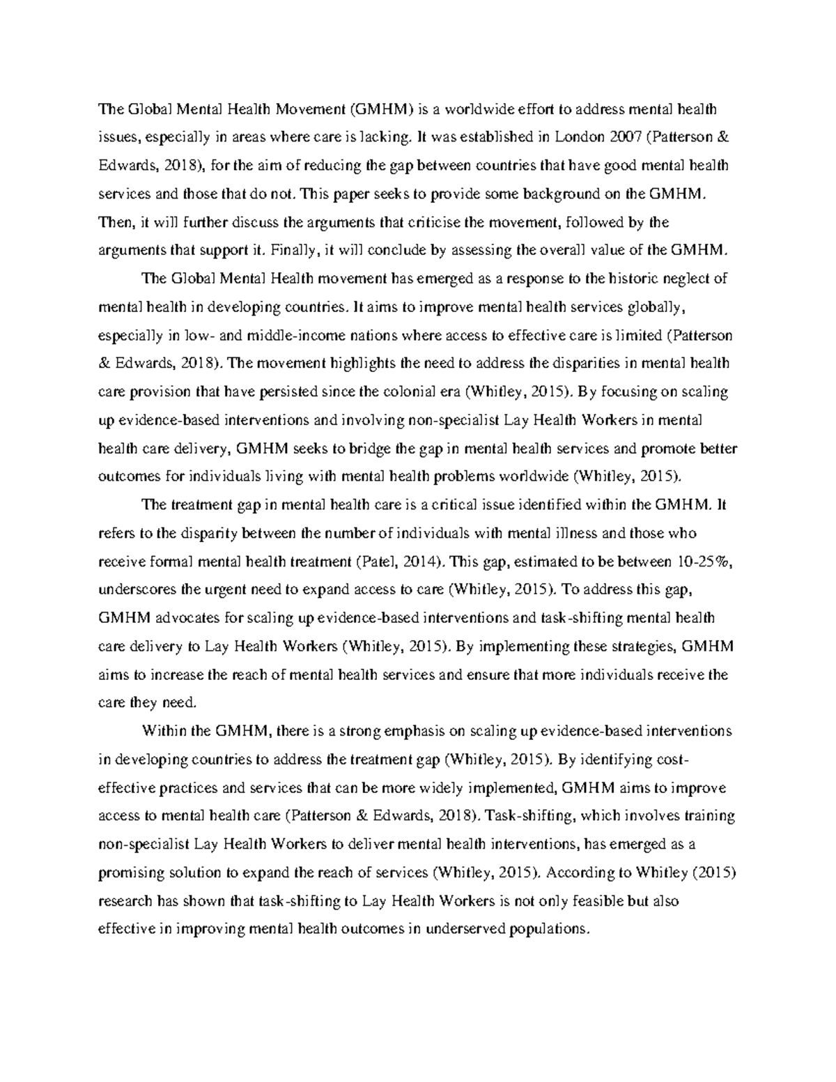 PSY3011S - Tutorial 1 - N/A - The Global Mental Health Movement (GMHM ...