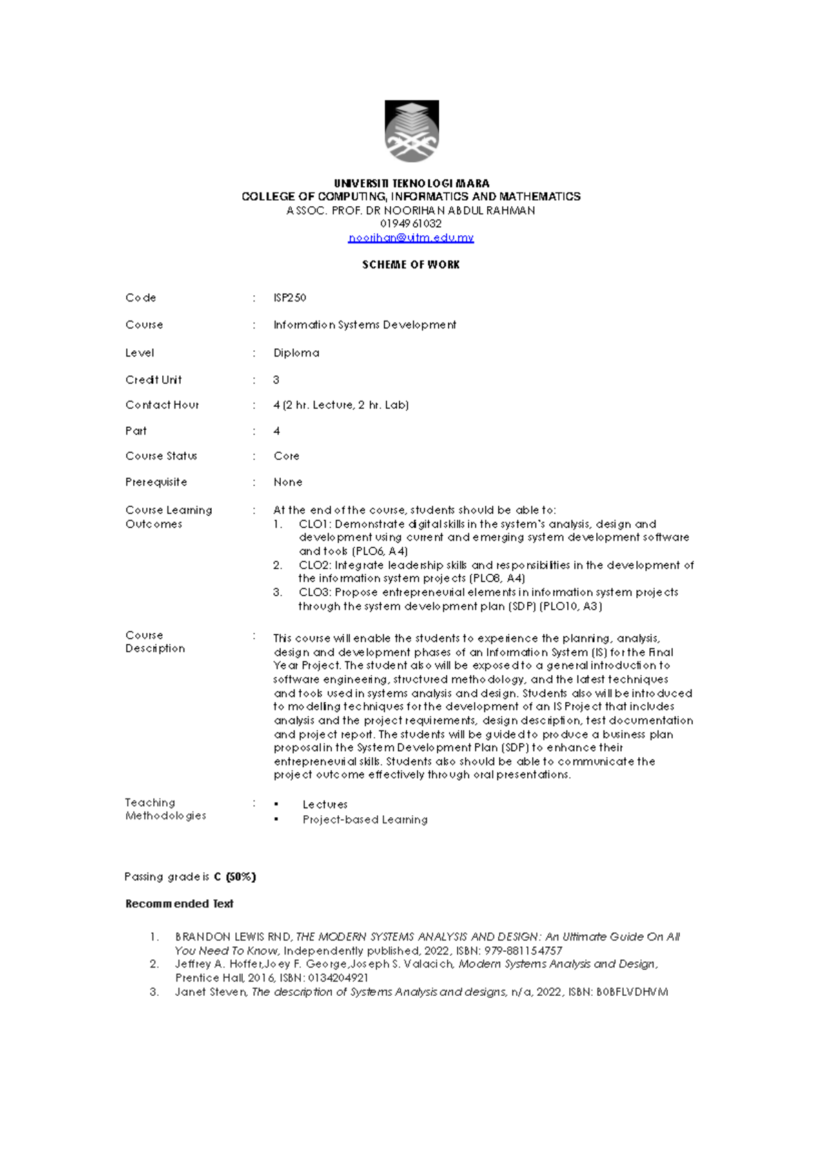 SOW ISP250 OKT FEB 2025 - afafaf - UNIVERSITI TEKNOLOGI MARA COLLEGE OF ...