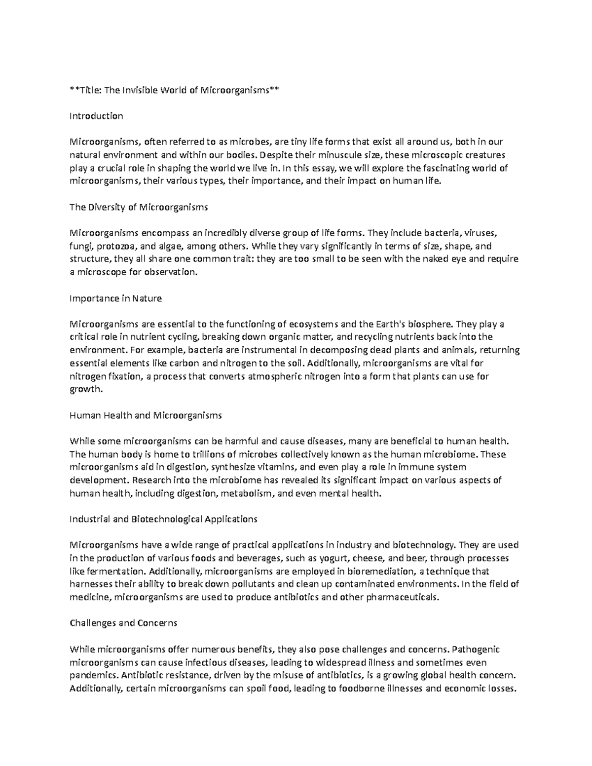 Micro essay 1 - Title: The Invisible World of Microorganisms ...