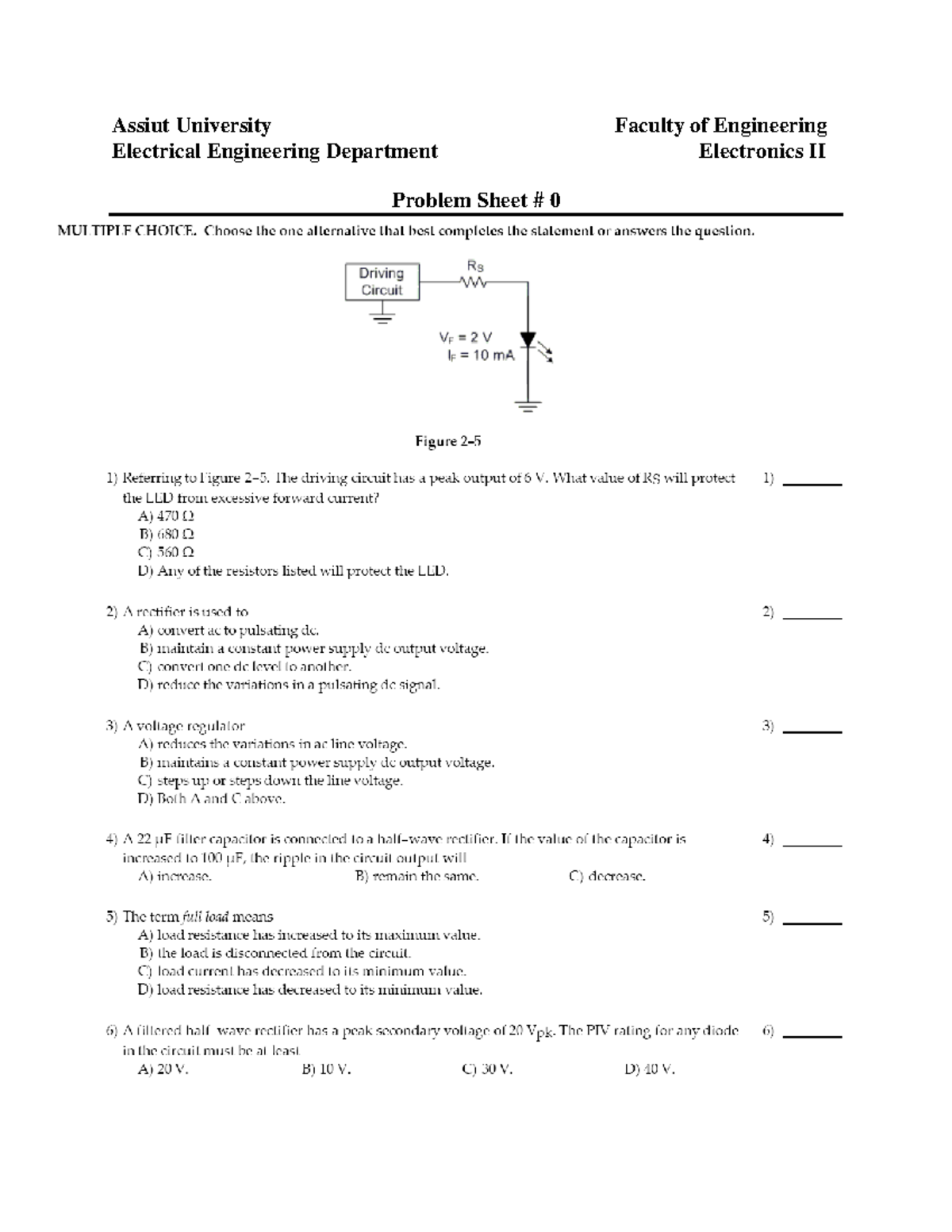 Sheet 0 - Problems on Electronics 2 - Assiut University Faculty of ...