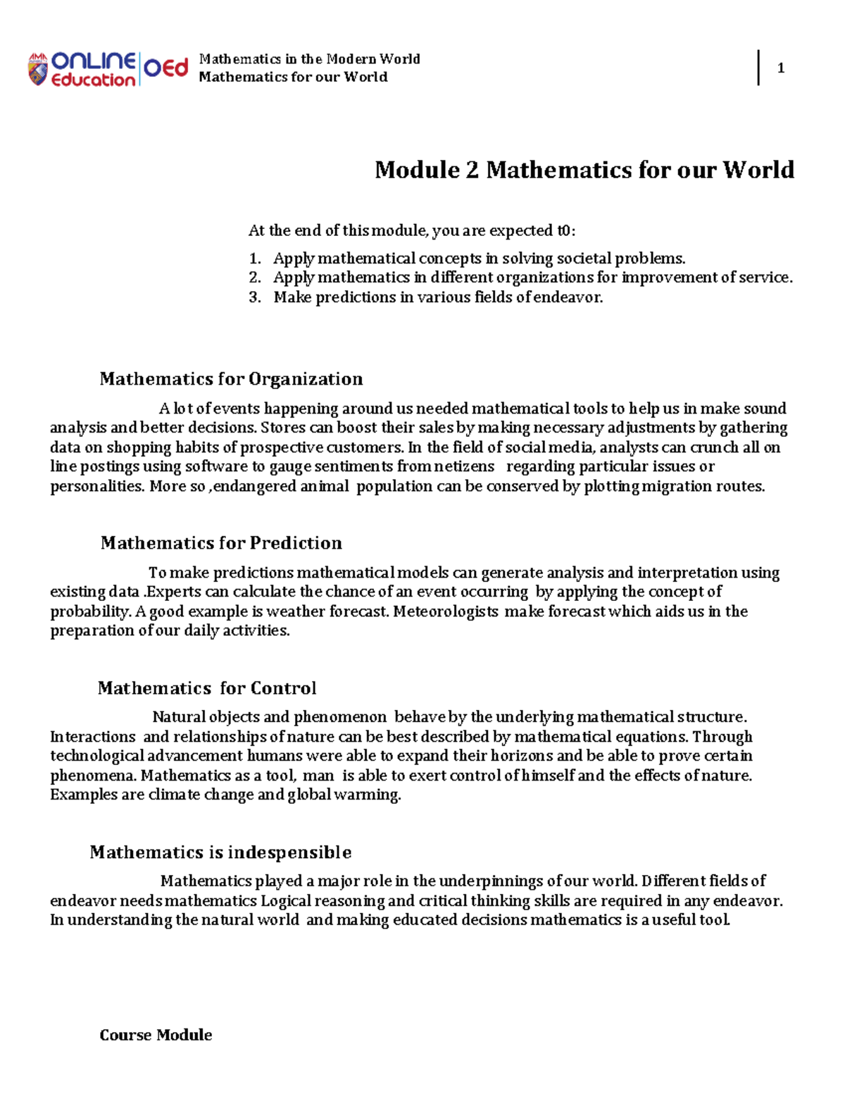 Mathematics for our World - Apply mathematics in different ...