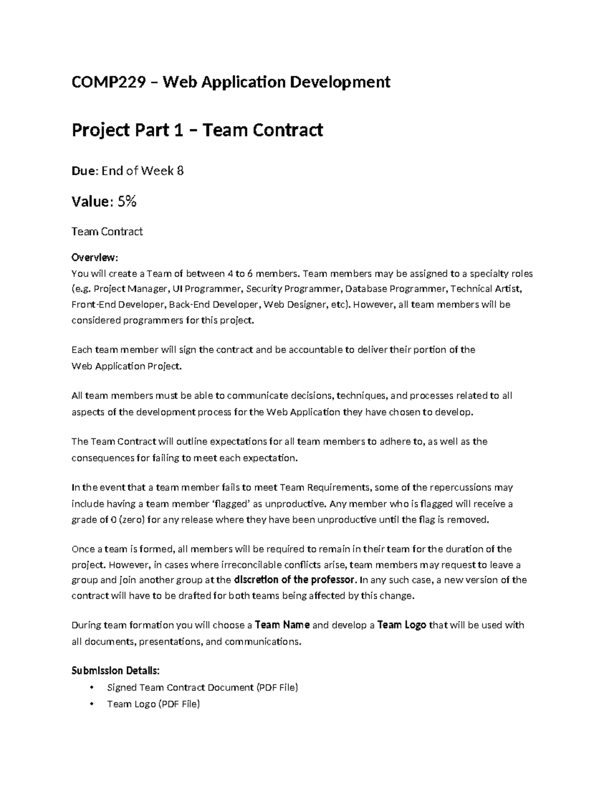 Project Part 1 Team Contract N Comp229 Web Application Development Project Part 1 Team 
