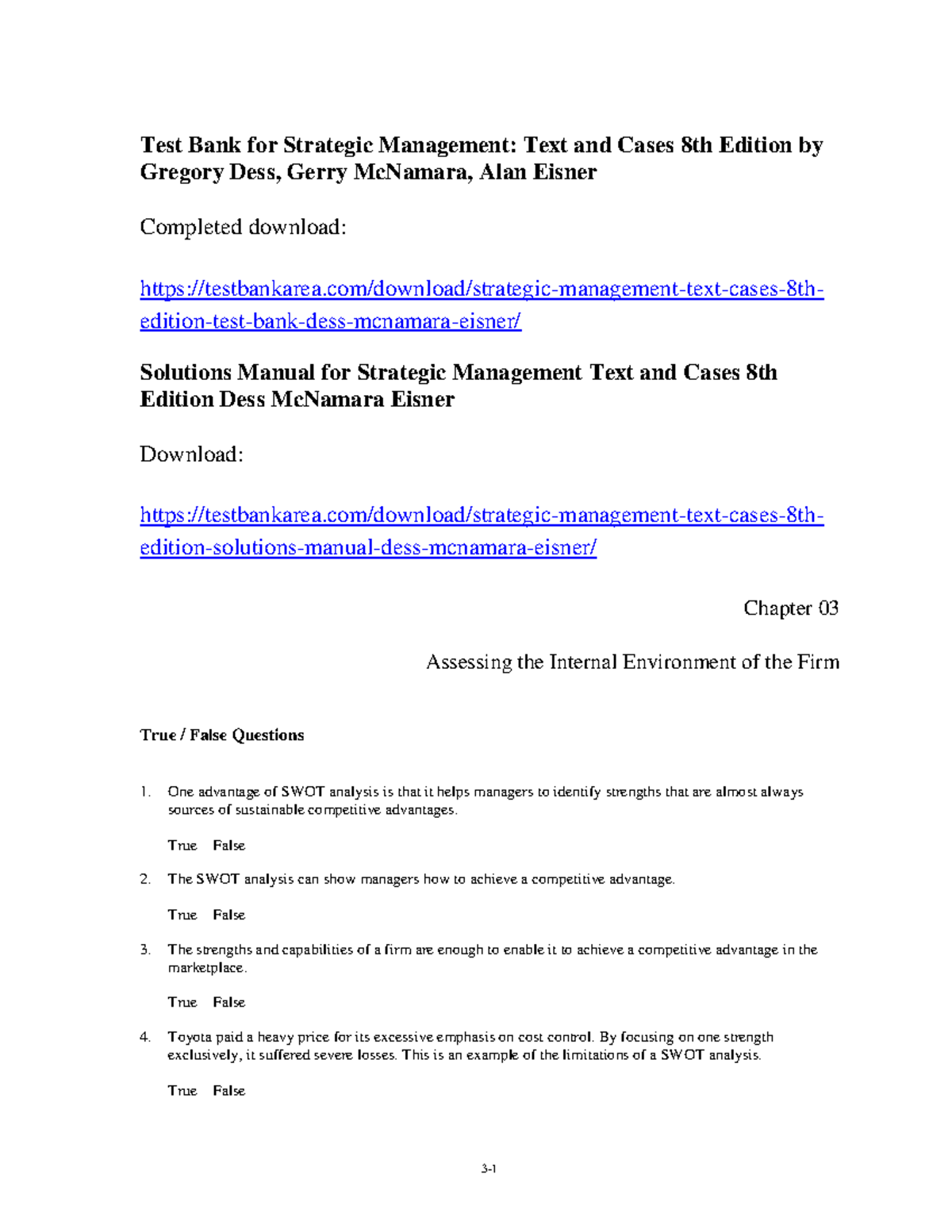 Test Bank for Strategic Management Text and Cases 8th Edition by ...