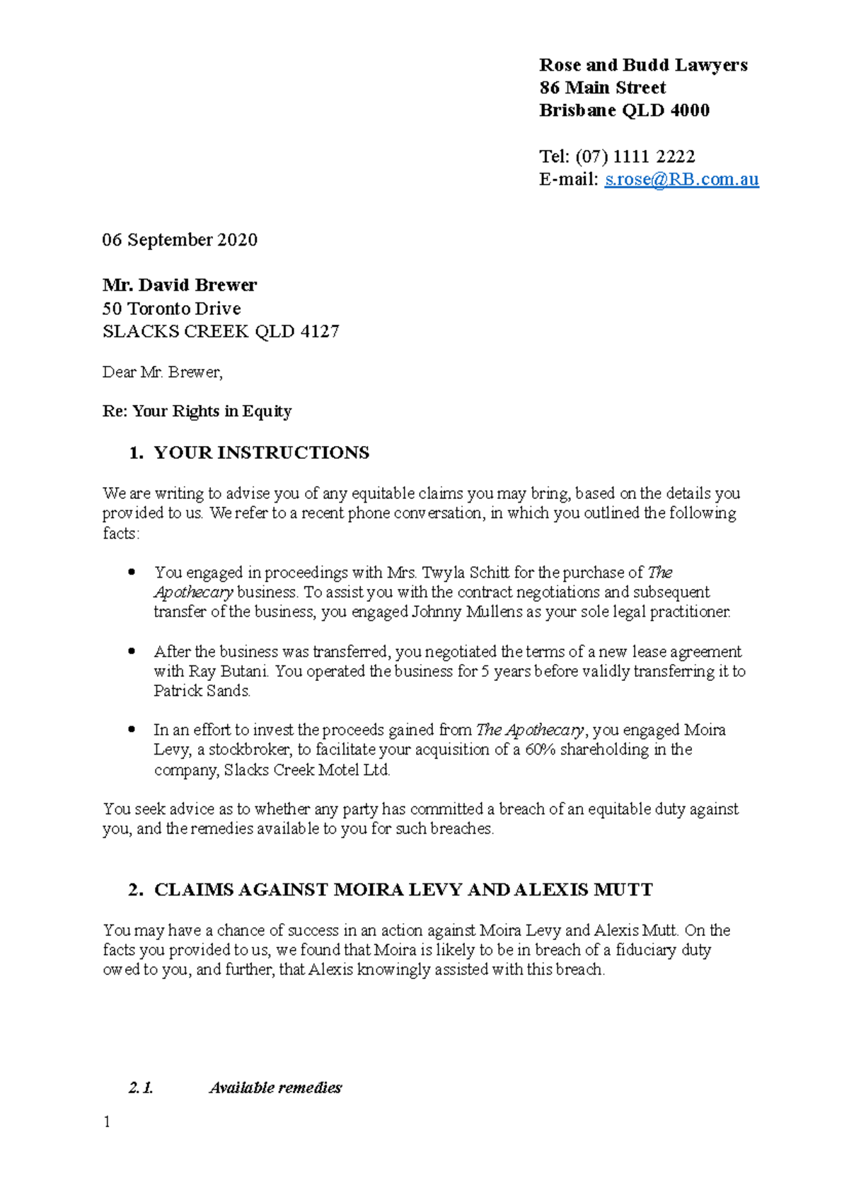 Letter of Advice - 06 September 2020 Mr. David Brewer 50 Toronto Drive ...