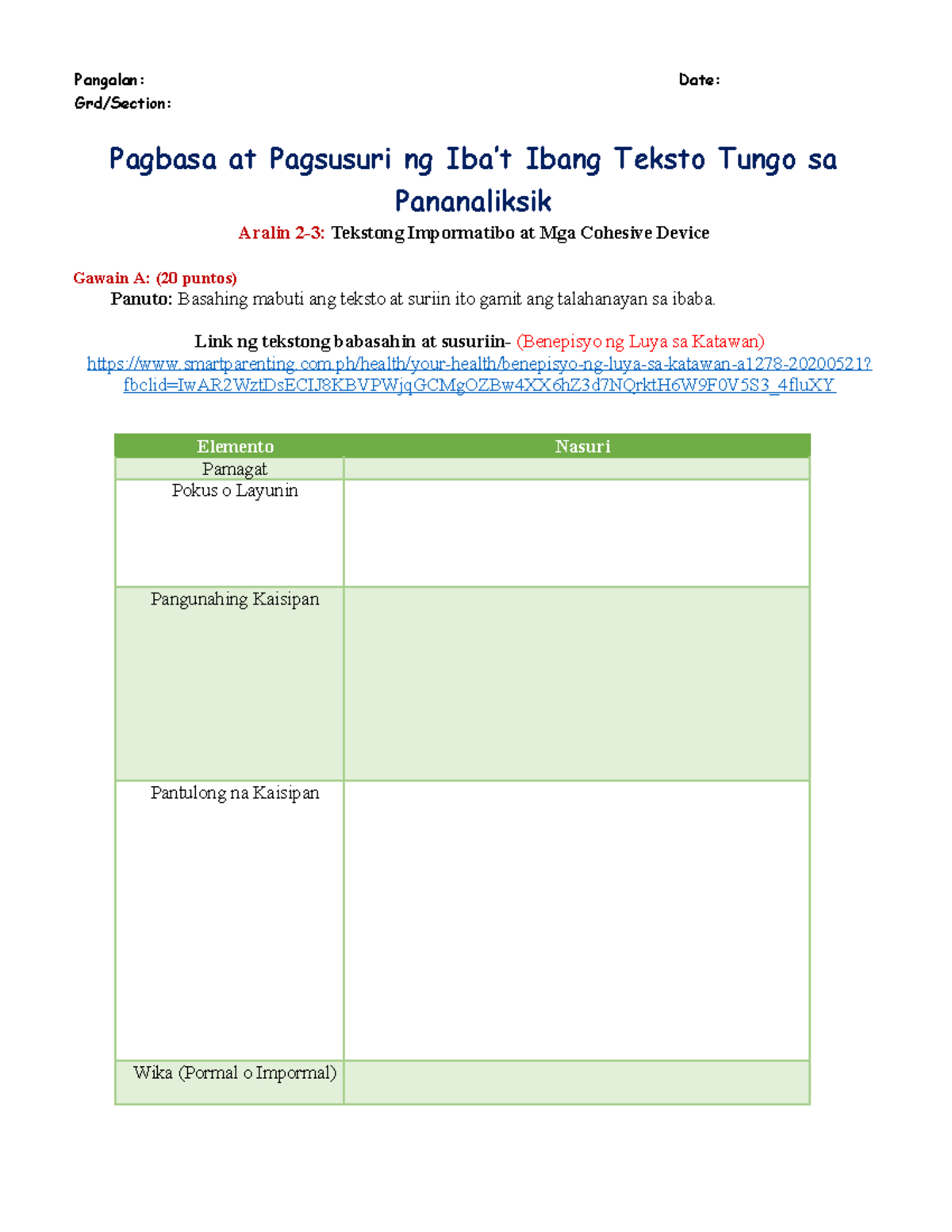 Pagbasa Activity 2 3RD QTR - Pangalan: Date: Grd/Section: Pagbasa at ...