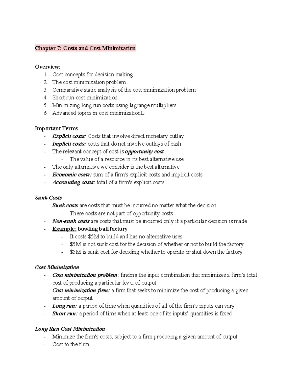 Econ 360 chapter 7 notes - Chapter 7: Costs and Cost Minimization ...