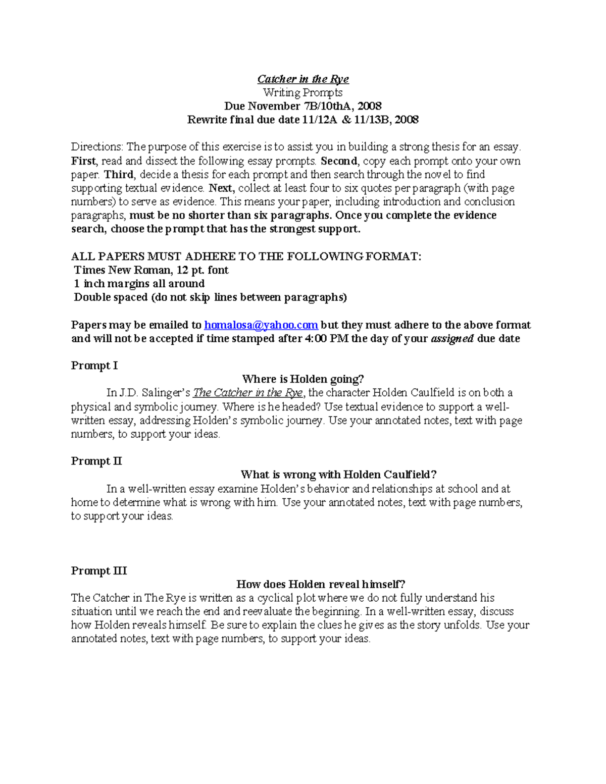 Catcher-final-prompts 1 - Catcher in the Rye Writing Prompts Due ...