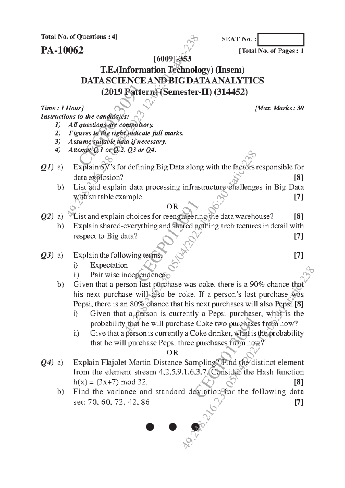 Feb - 2023 - Insem paper - [6009]-353 1 Total No. of Questions : 4 ...