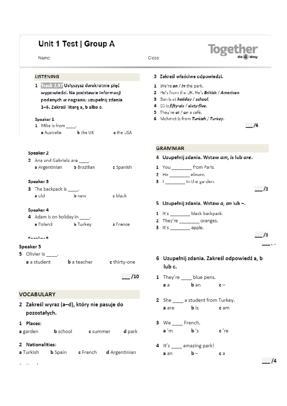 Ang unit 1 klasa 4 - unit 2 - Unit 1 Test Group A Name: Class: dia 4 ...