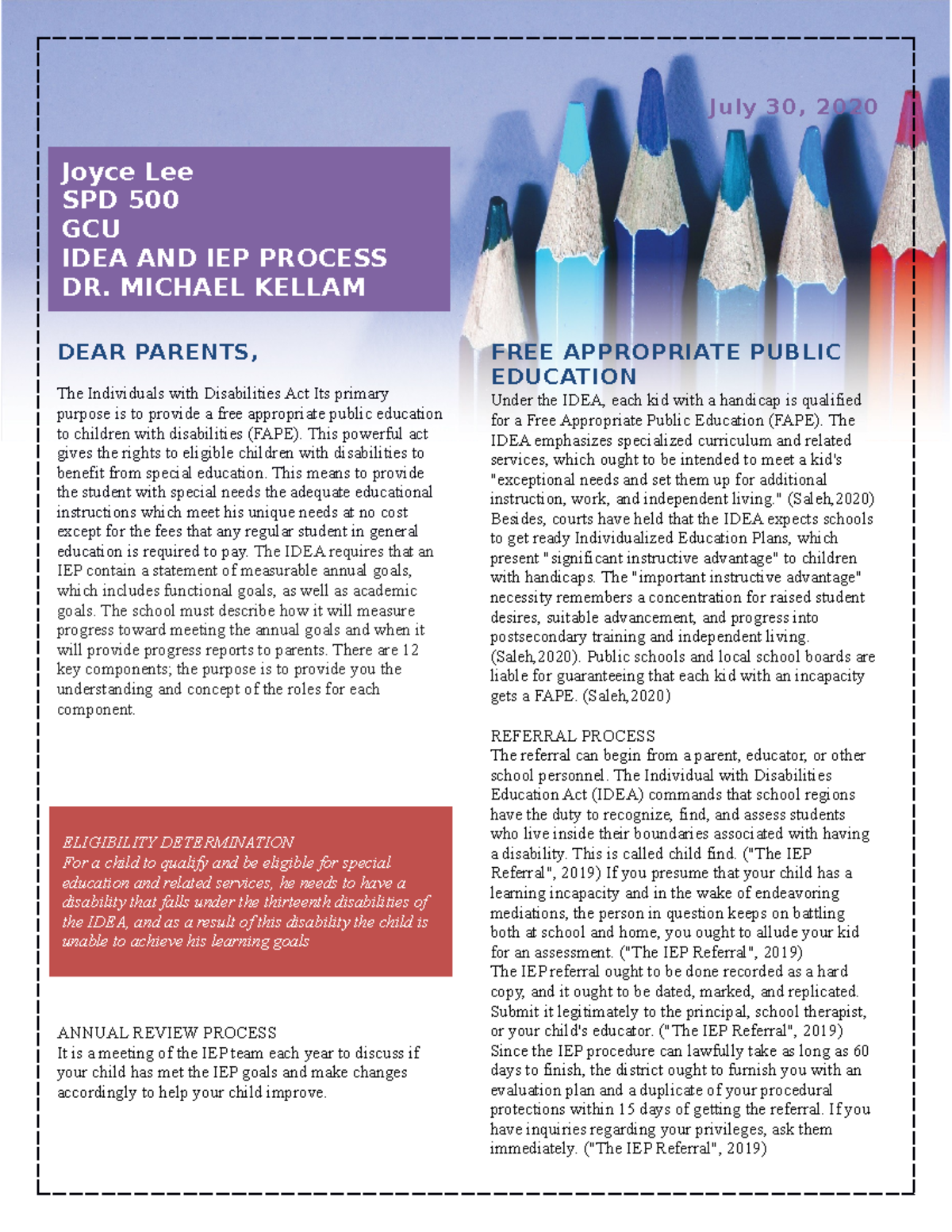 Joyce Lee Explainin IDEA and IEP PRocess - Joyce Lee SPD 500 GCU IDEA ...
