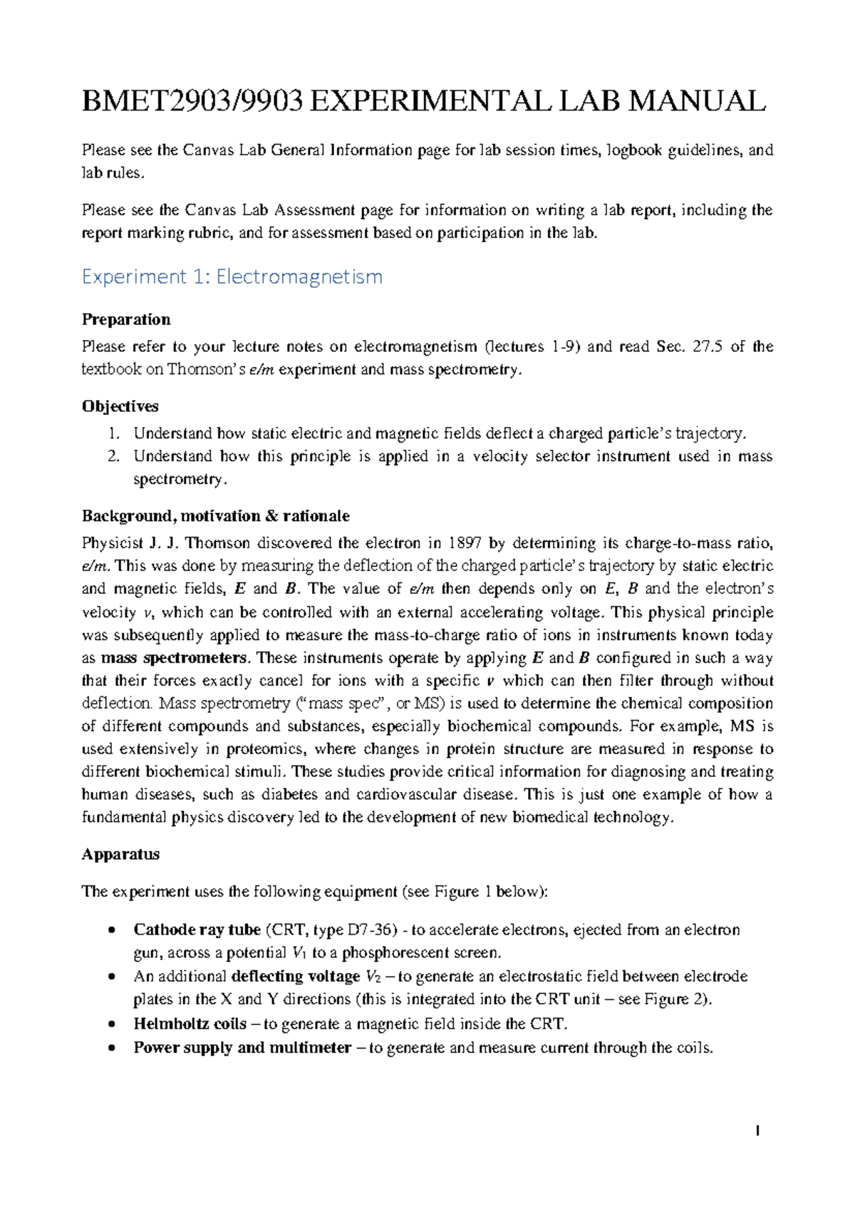Lab 1 Manual - BMET2903/9903 EXPERIMENTAL LAB MANUAL Please see the ...