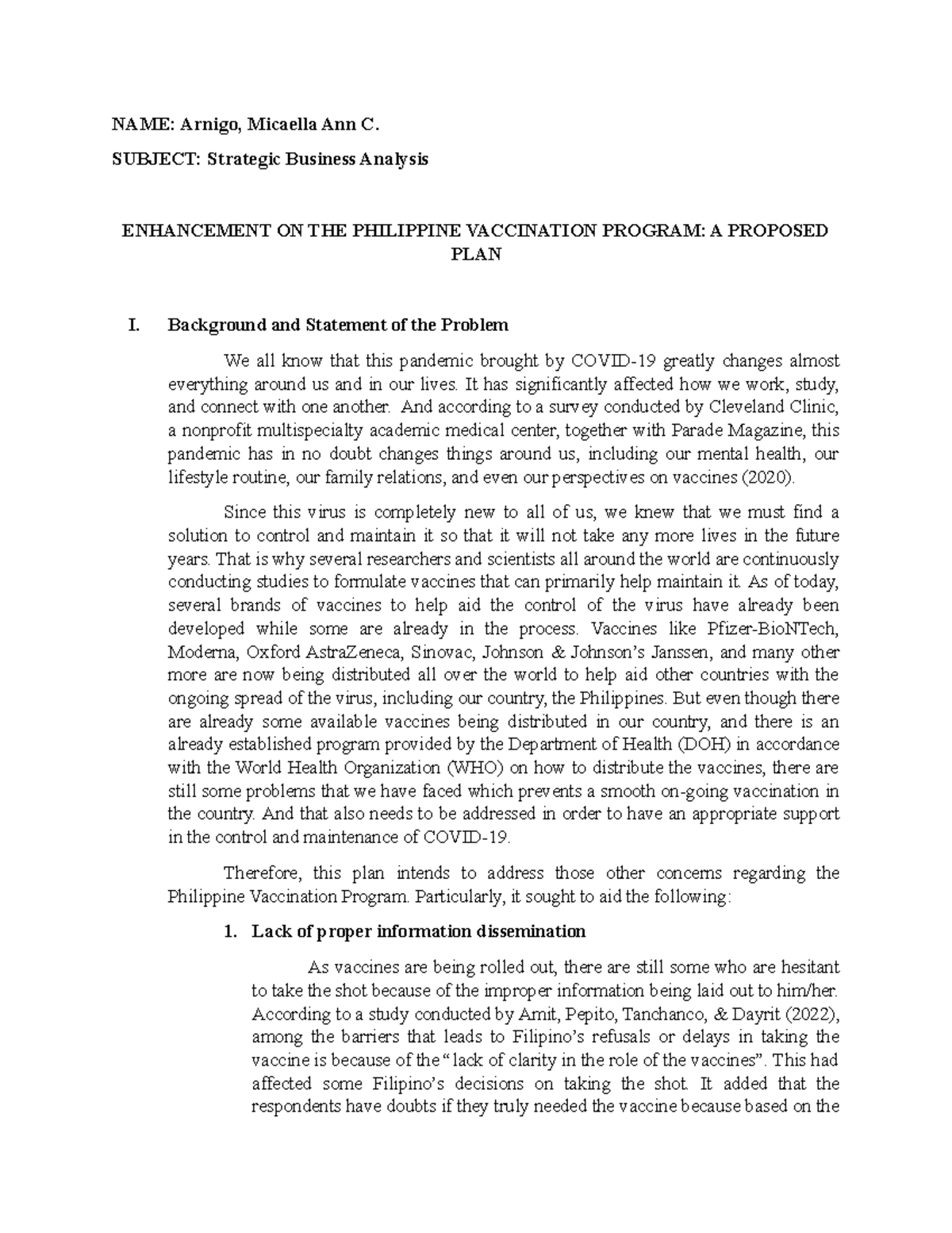 Activity 2 - NAME: Arnigo, Micaella Ann C. SUBJECT: Strategic Business ...