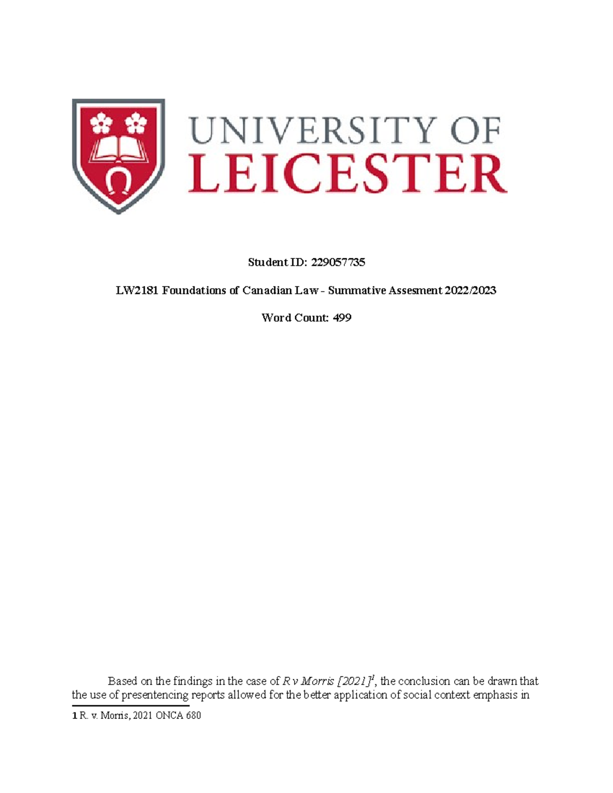 Foundations of Canadian Law Formative - Student ID: 229057735 LW2181 ...