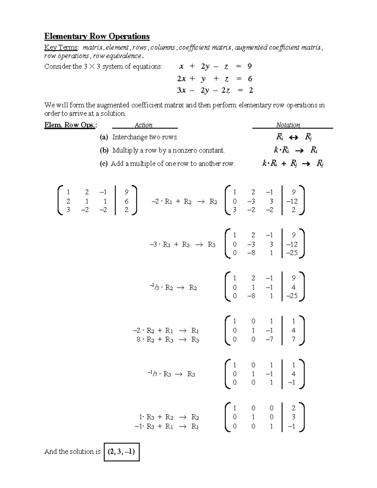Lecture notes - all lectures - Elementary Row Operations Key Terms ...
