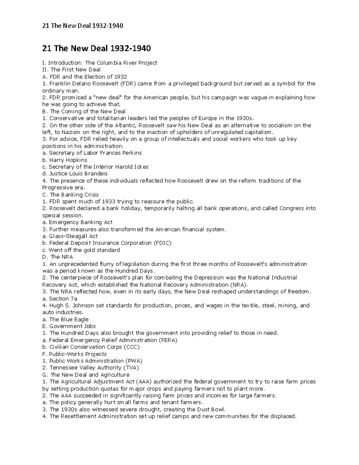 Outline 21 The New Deal 1932-1940 - 21 The New Deal 1932- I ...