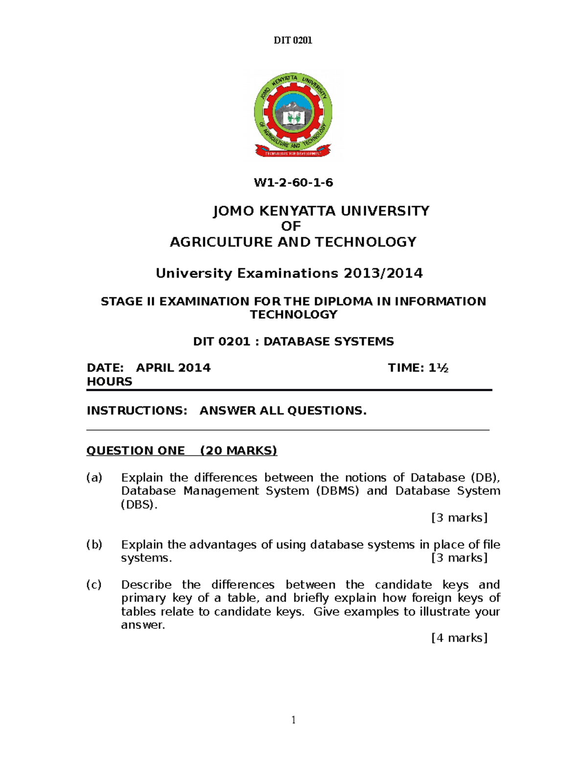 DIT 0201 ( Kisii) - DIT 0201 W1-2-60-1- JOMO KENYATTA UNIVERSITY OF AGRICULTURE AND TECHNOLOGY ...