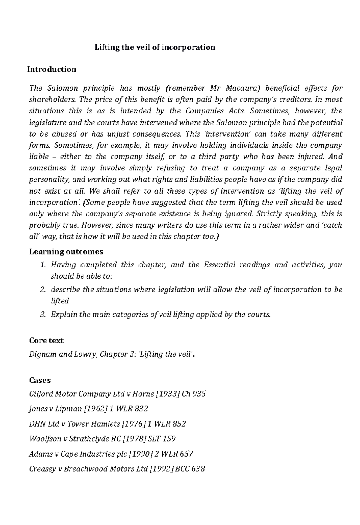 Lifting THE VEIL OF Incorporation - Lifting the veil of incorporation Introduction The Salomon ...